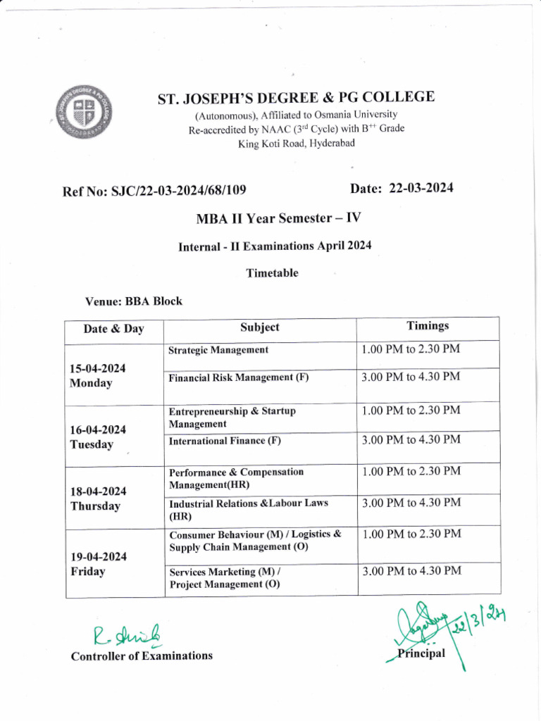MBA Time Table Sem IV Internal II April 2024 Exam | PDF