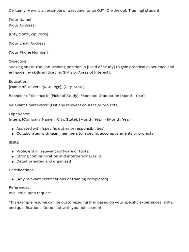 Certainly! Here Is An Example of A Resume For An OJT (On-the-Job ...