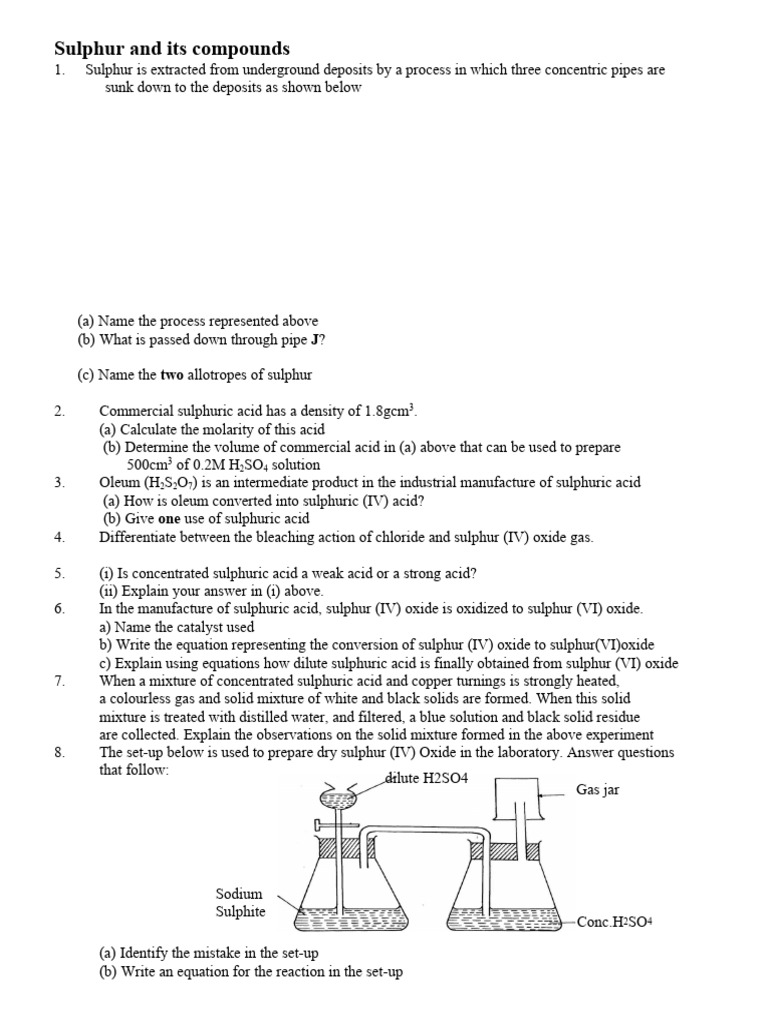 FORM 3 SULPHUR AND ITS COMPOUNDS QUESTIONS Teacher - Co - .Ke | PDF ...