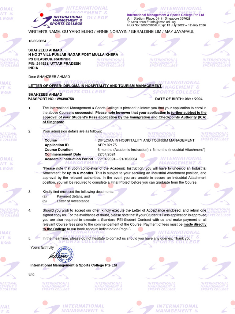 Offer Letter for Shahzeeb Ahmad | PDF | Fee