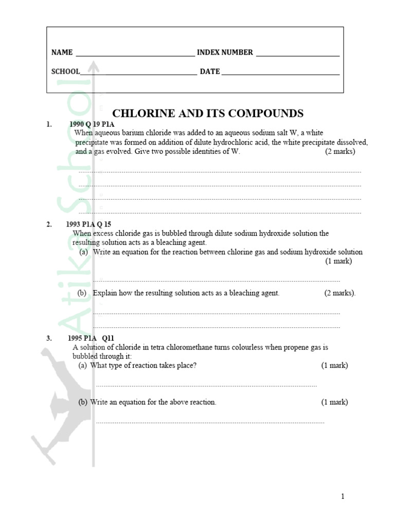 Chlorine and Its Compounds Chemistry Form 3 Topical Questions and ...