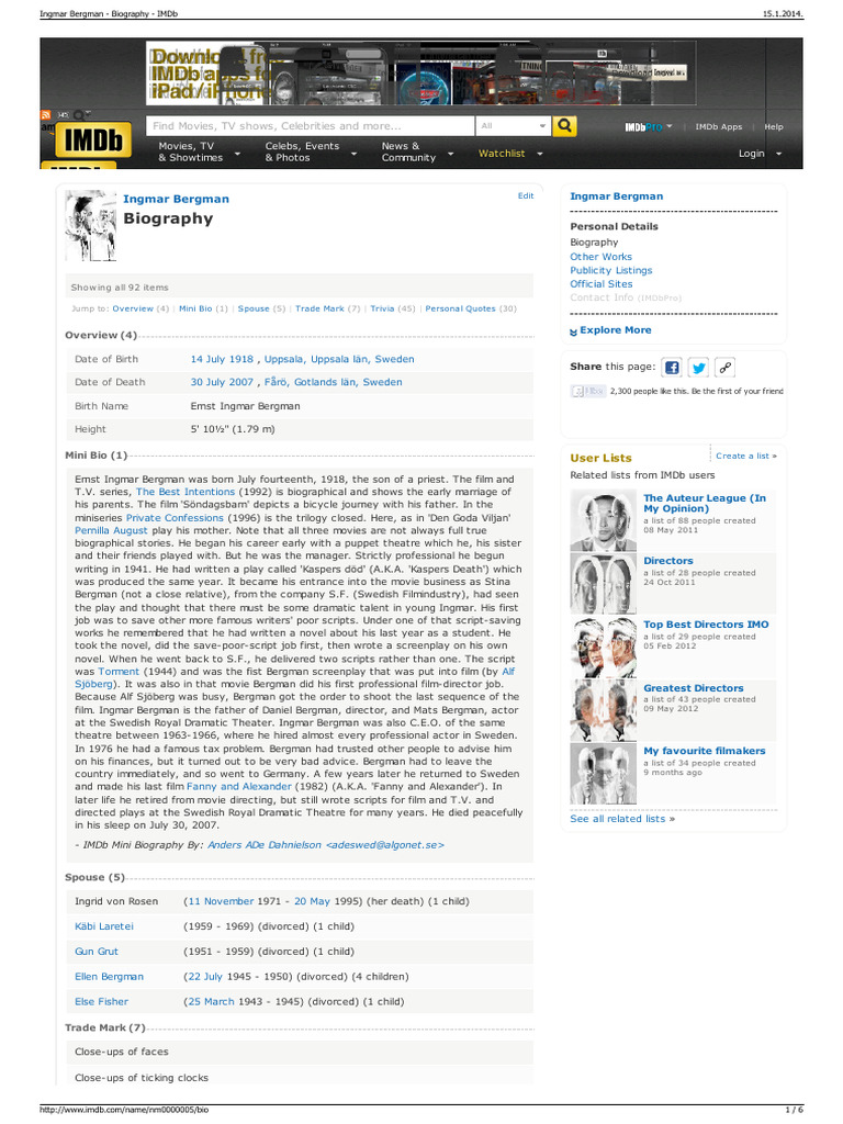 Ingmar Bergman - Biography - IMDb | PDF