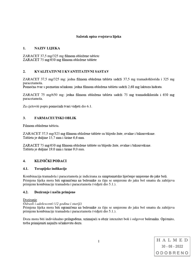 Sazetak Opisa Svojstava Lijeka Zaracet | PDF