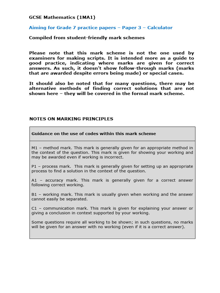 5b - Paper 3 Calculator Aiming For Grade 7 Mark Scheme | PDF | Applied ...