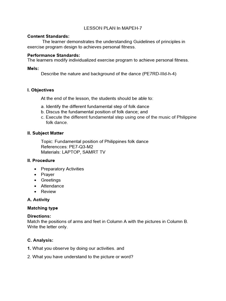 Folk Dance Fundamentals Lesson Plan | PDF | Lesson Plan | Learning