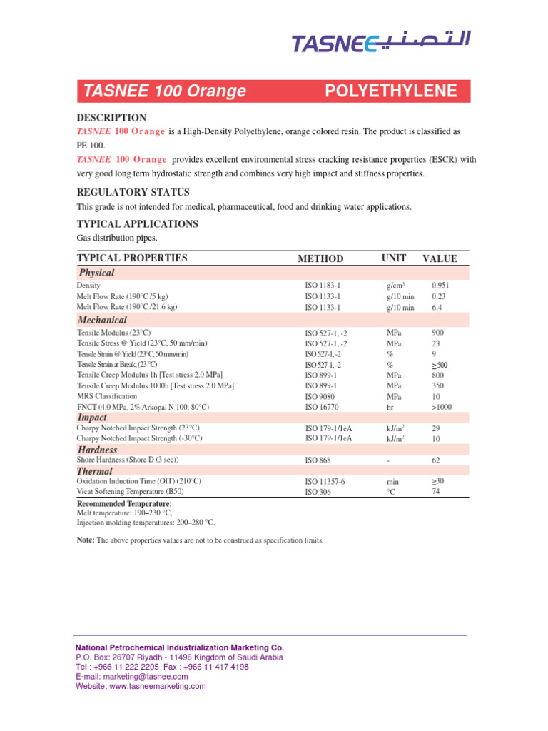 Updated TDS-TASNEE 100 Orange | PDF | Strength Of Materials | Pascal (Unit)