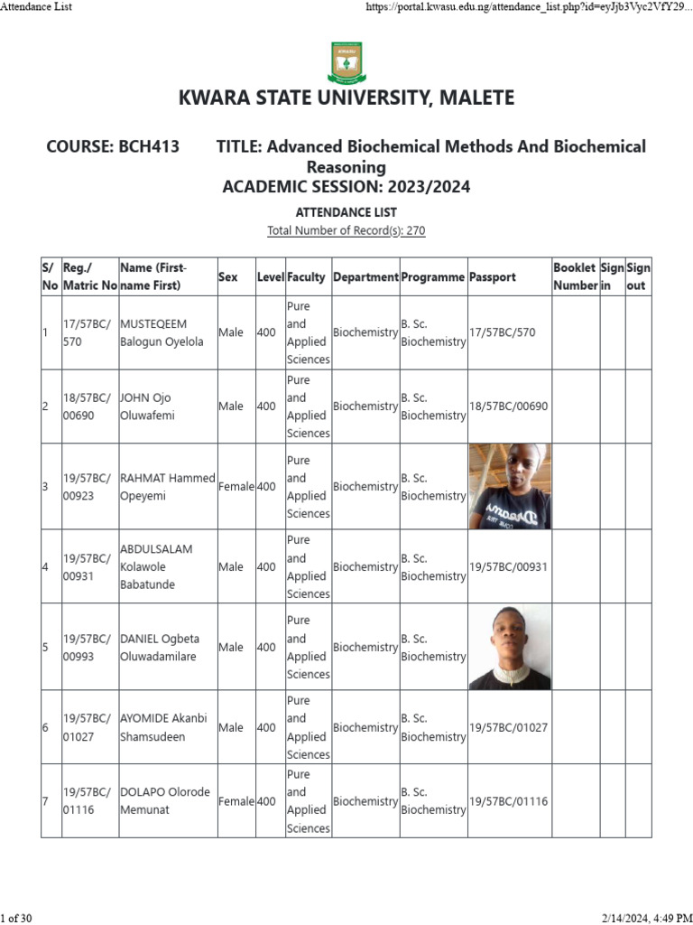 BCH413 Attendance List Compressed | PDF | Mathematical And Theoretical Biology | Physical Sciences