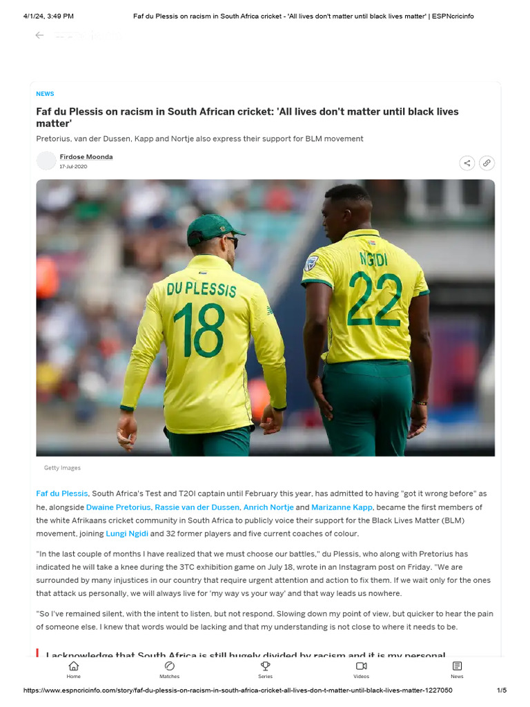 Faf du Plessis on Racism in Cricket | PDF | Black Lives Matter
