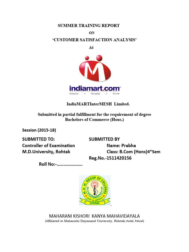 Final Project CUSTOMER SATISFACTION ANALYSIS Bcom India Mart - Docx MKM Prabha | PDF | Customer ...