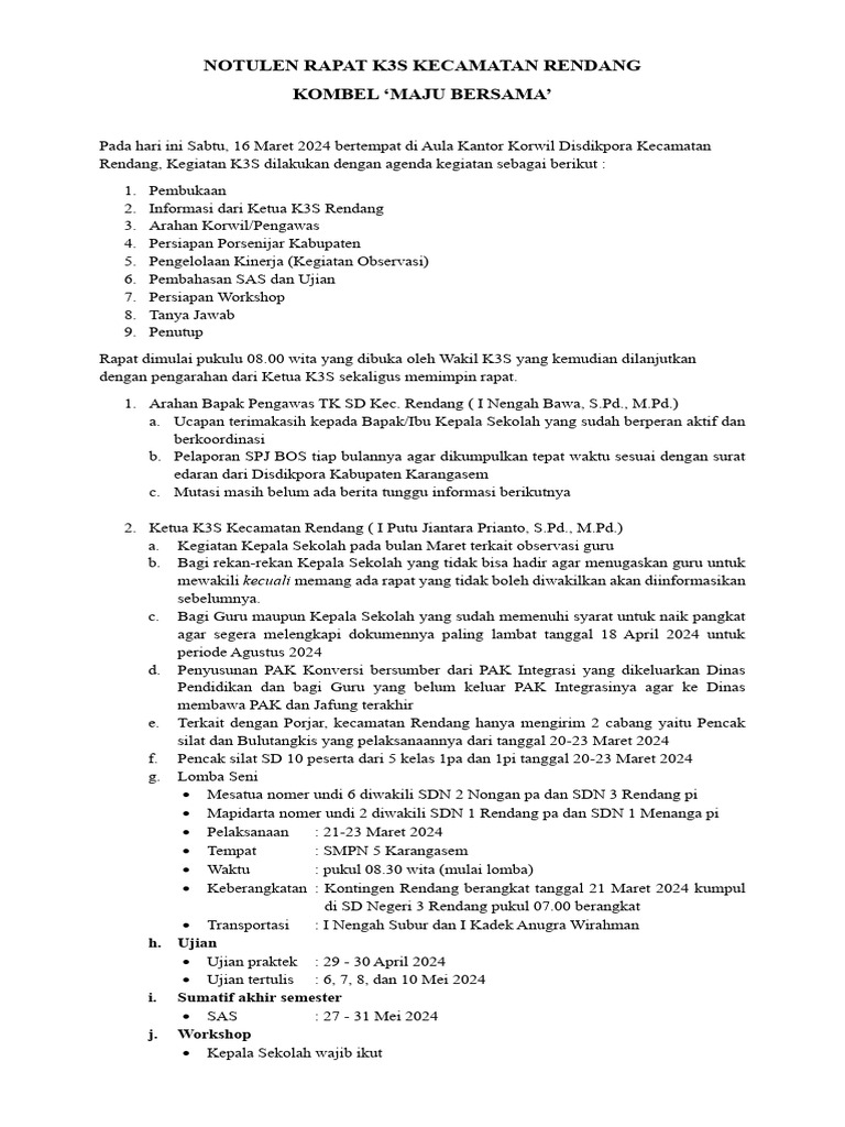 Rapat K3S Rendang: Agenda & Arahan | PDF