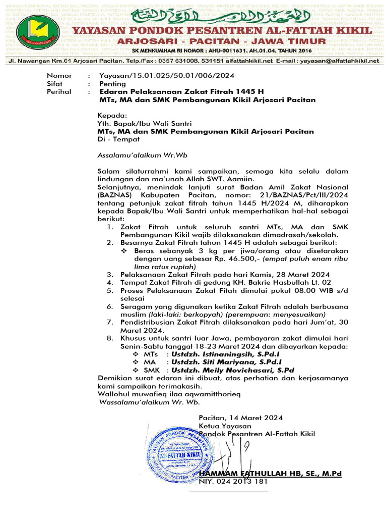 Edaran Zakat Fitrah 1445 H 2024M | PDF