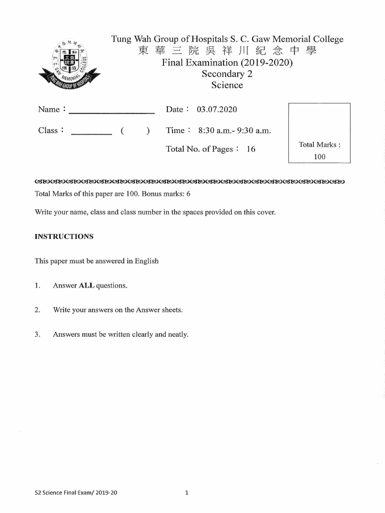 S2 Sci 2nd Exam 1920 | PDF