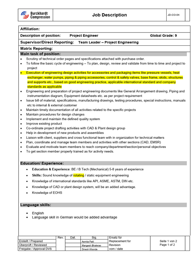 JD Project-Engineer BCIN | PDF | Engineering | Specification (Technical Standard)
