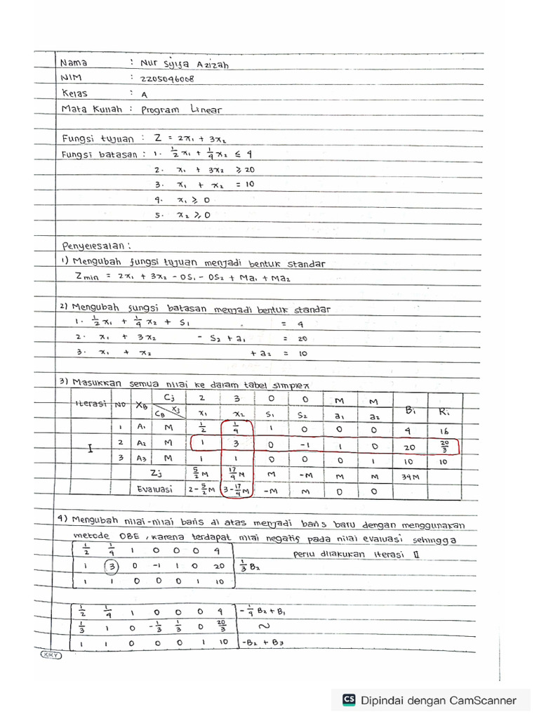 Tugas Metode Simpleks Dengan Fungsi Batasan Berbeda Tanda | PDF