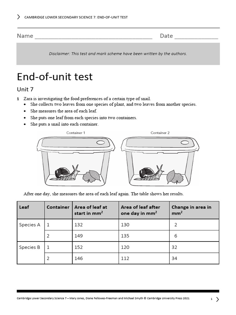 Year 7 Science End-of-Unit Test | PDF | Experiment | Organisms