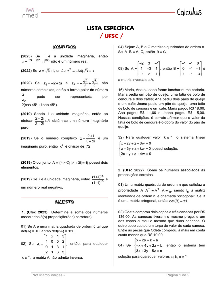 Lista Ufsc Rmed | PDF | Linha (Geometria) | Objetos matemáticos