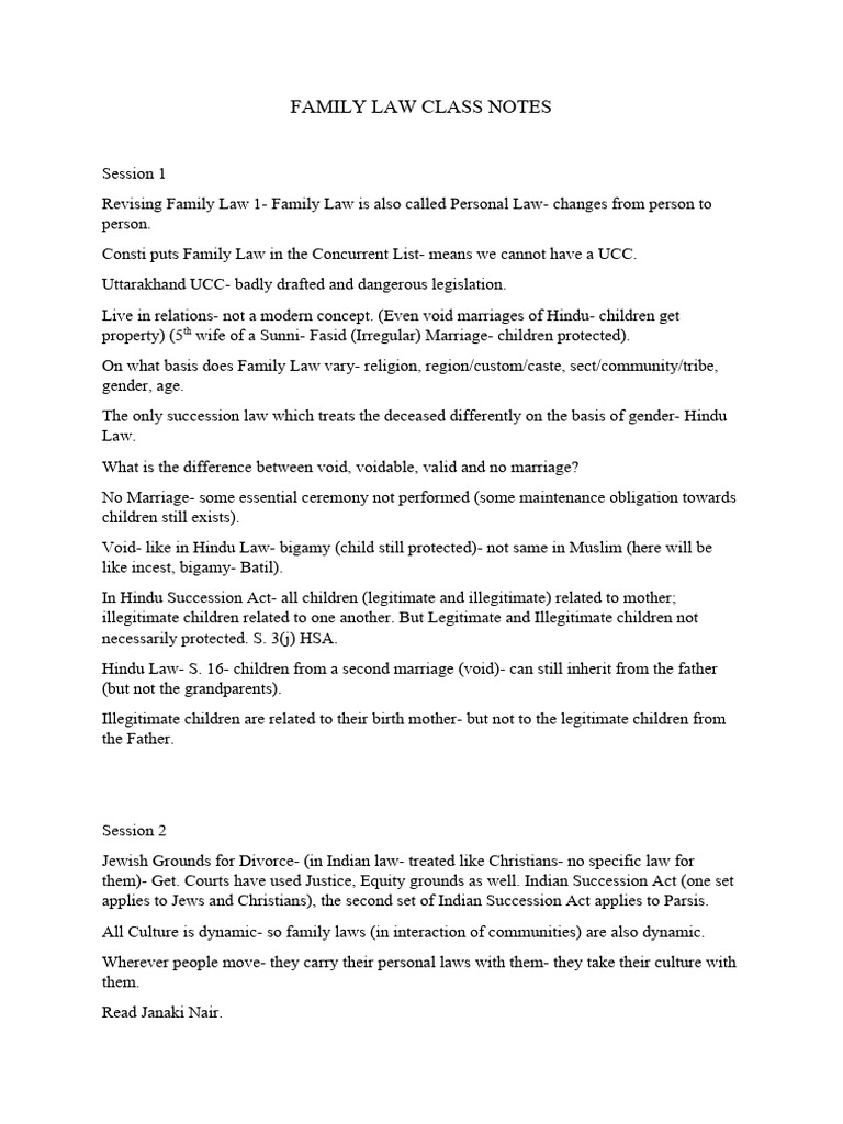 Family Law Class Notes | PDF | Intestacy | Marriage