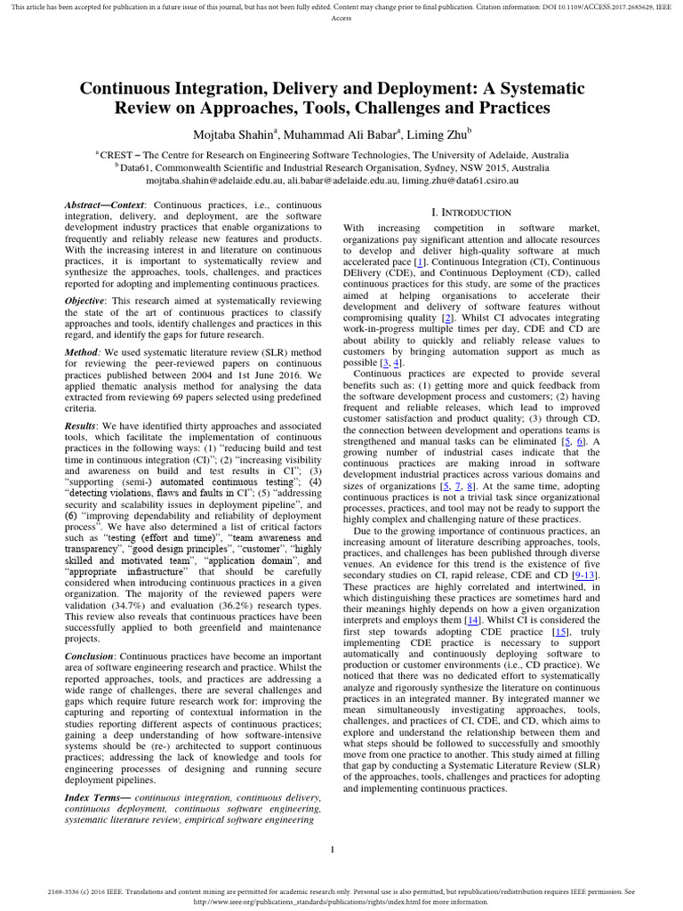 Continuous Integration, Delivery and Deployment: A Systematic Review On Approaches, Tools ...
