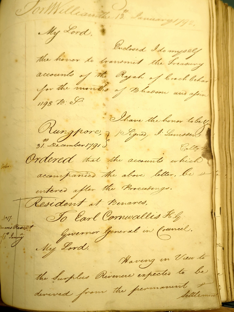 Letter From Jonathan Duncan To Earl Cornwallis, 1st Jan 1792 (IOR P 52 ...
