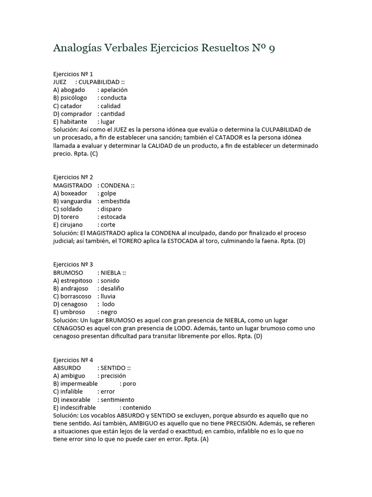 Ejercicios de Analogías Verbales | PDF