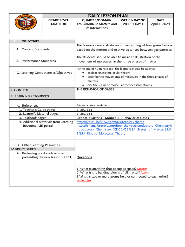 Grade Level Grade 10 Quarter/Domain Week & Day No Date: Daily Lesson ...