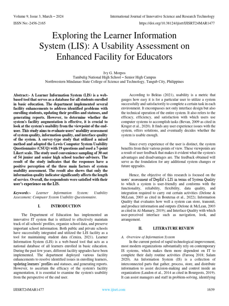 Exploring The Learner Information System (LIS) : A Usability Assessment On Enhanced Facility For ...
