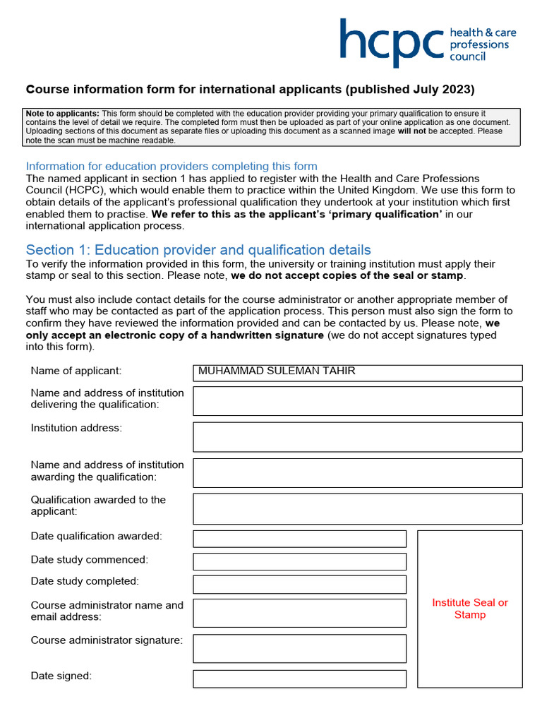 HCPC Form for Intl. Applicants | PDF | Learning