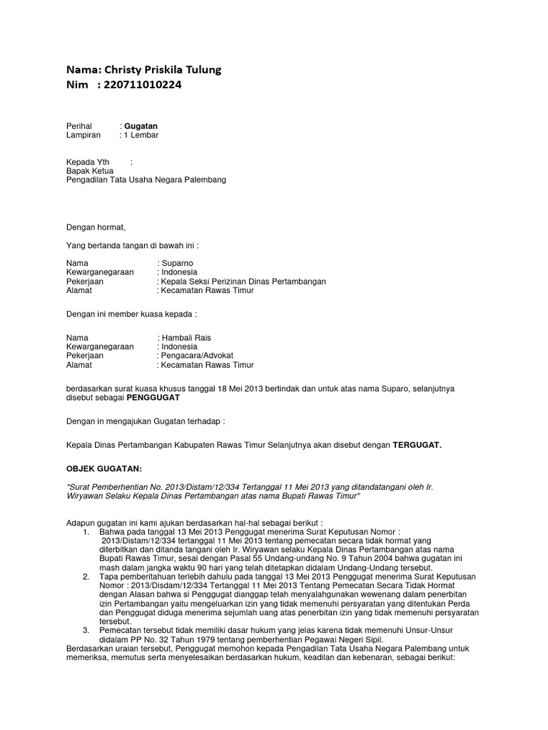 Nama: Christy Priskila Tulung Nim: 220711010224: Gugatan | PDF