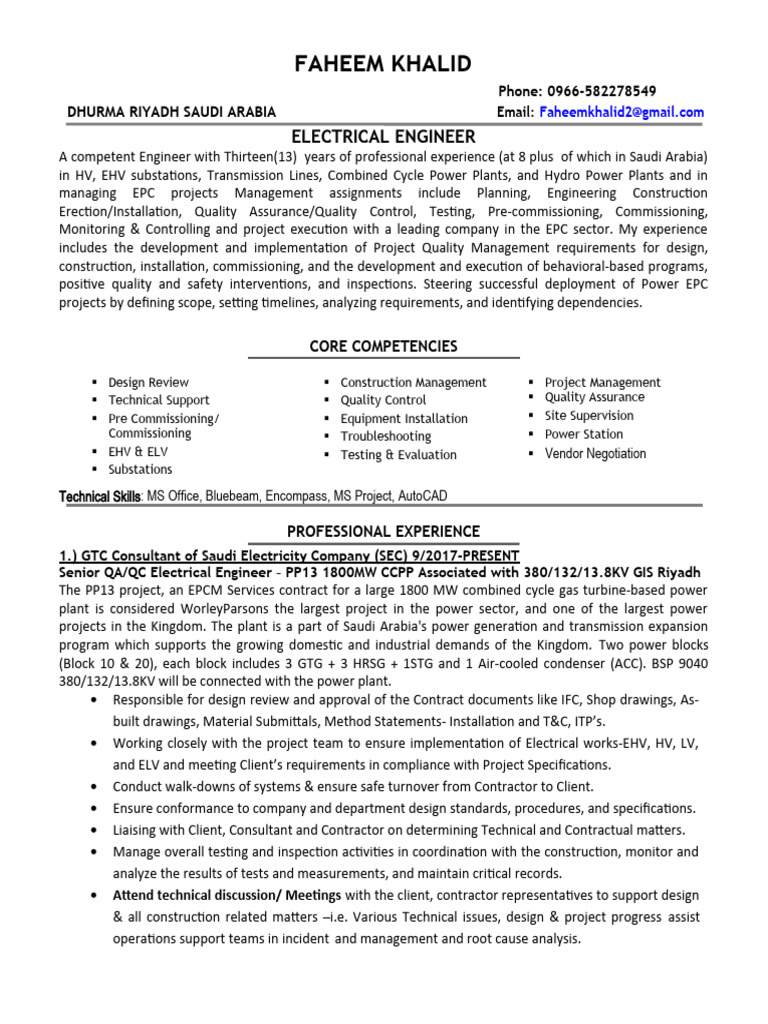 Faheem Khalid .C.V (QA QC) - 2 | PDF | Electrical Substation | Power (Physics)