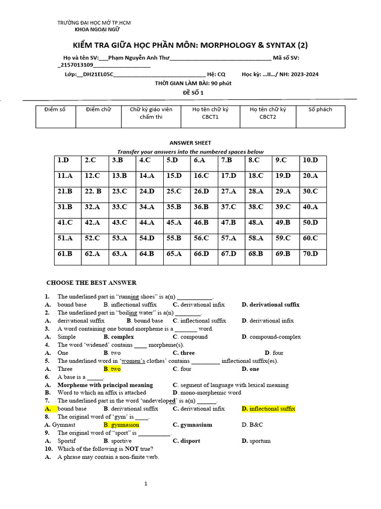 Midterm Test 2 - Pham Nguyen Anh Thu | PDF | Verb | Clause