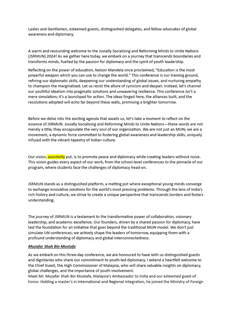 Final Script For MUN | PDF | Diplomacy | Leadership