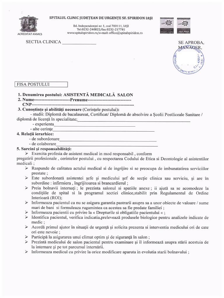 Fisa Post Asistent Medical | PDF