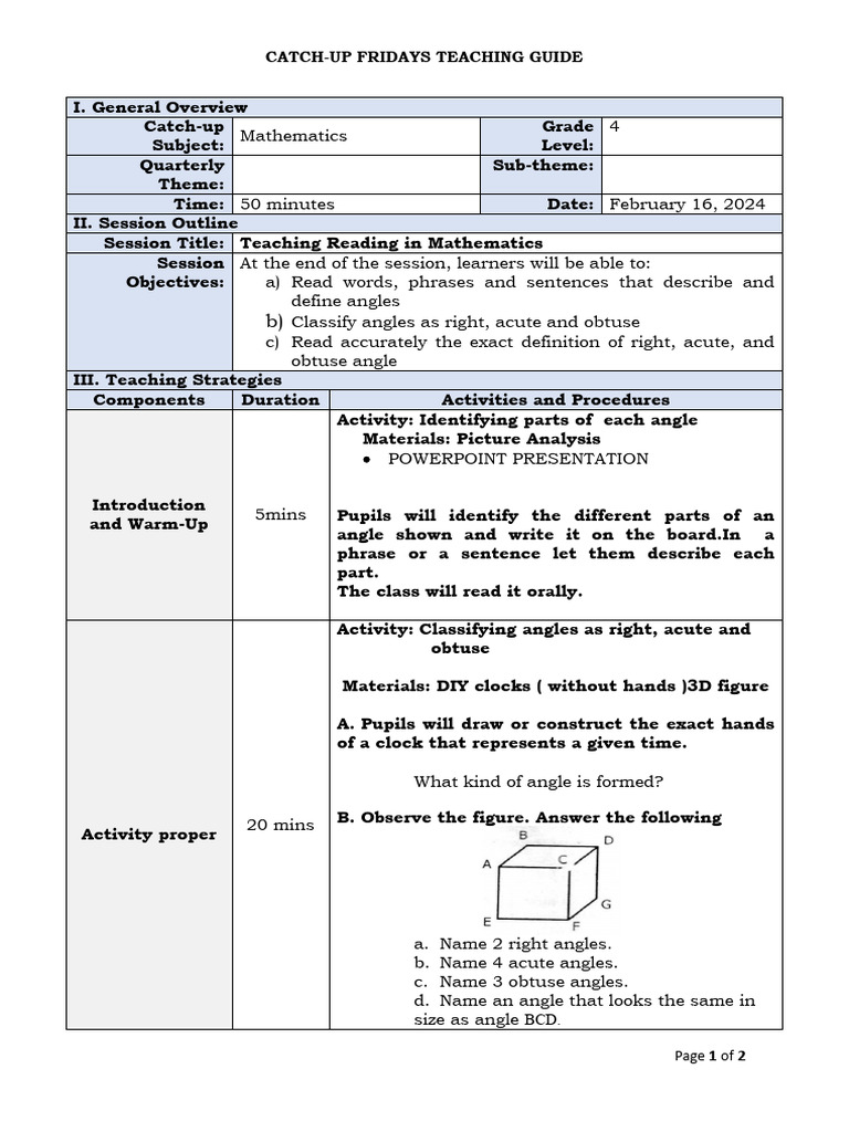 Friday-catch-up-lesson-plan-in-MATH-4 Feb. 16 | PDF | Angle | Mathematics