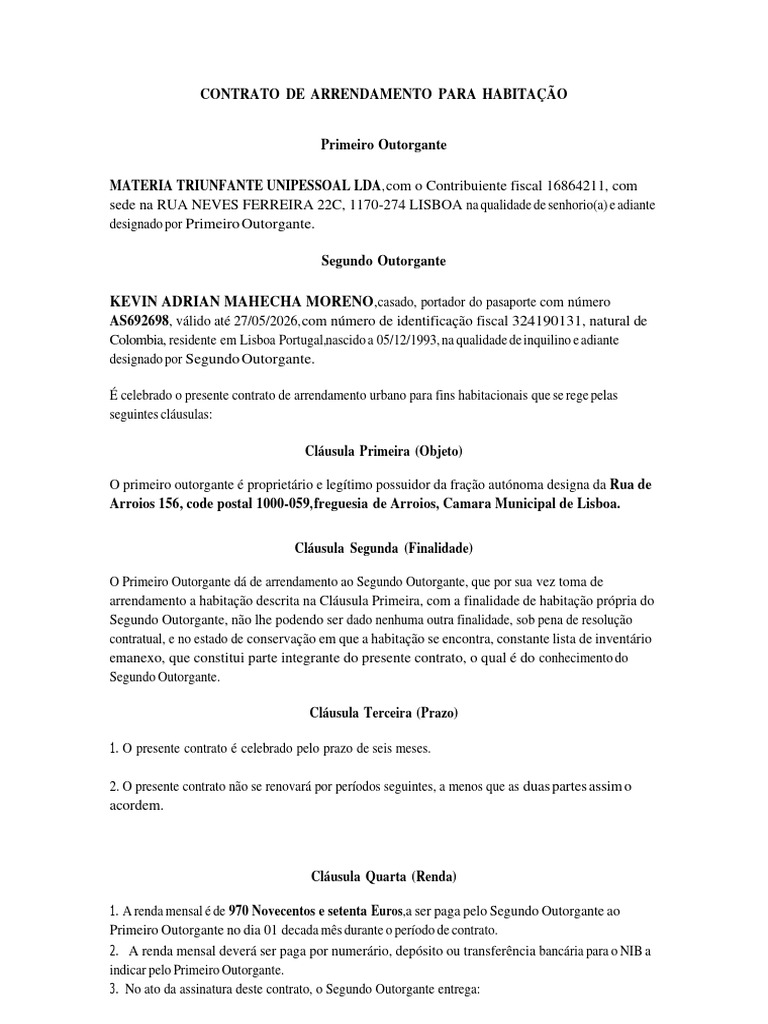 CONTRATO DE ARRENDAMENTO Arroios | PDF | Leasing | Direito Comum