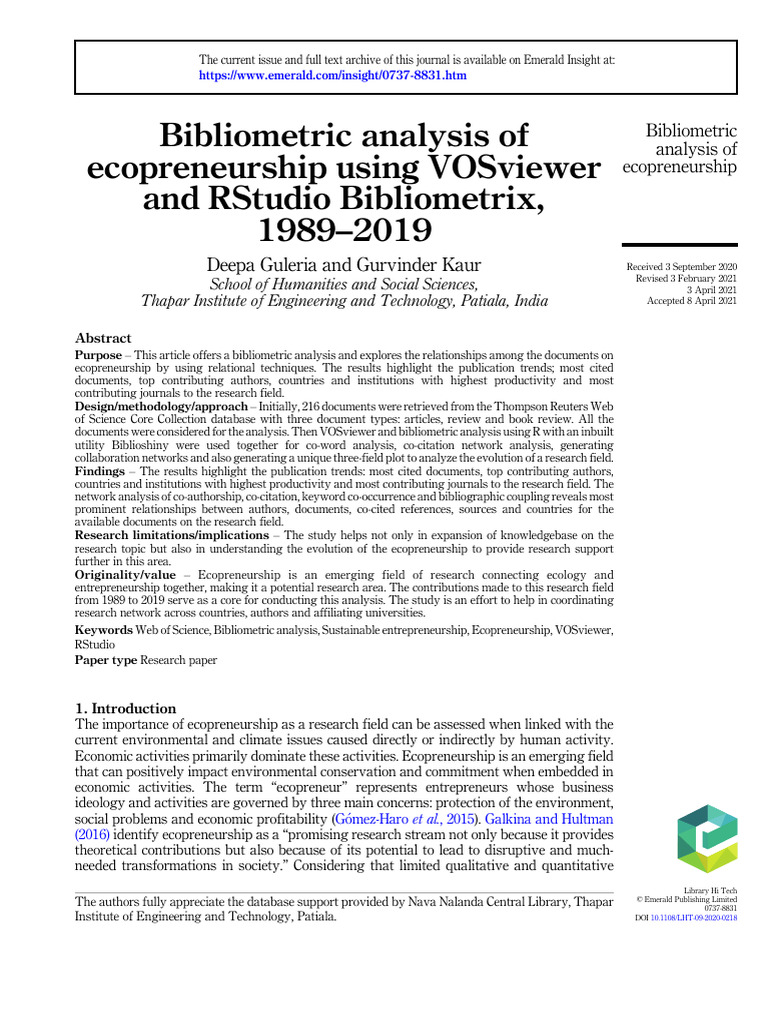 Guleria, Kaur - 2021 - Bibliometric Analysis of Ecopreneurship Using VOSviewer and RStudio ...