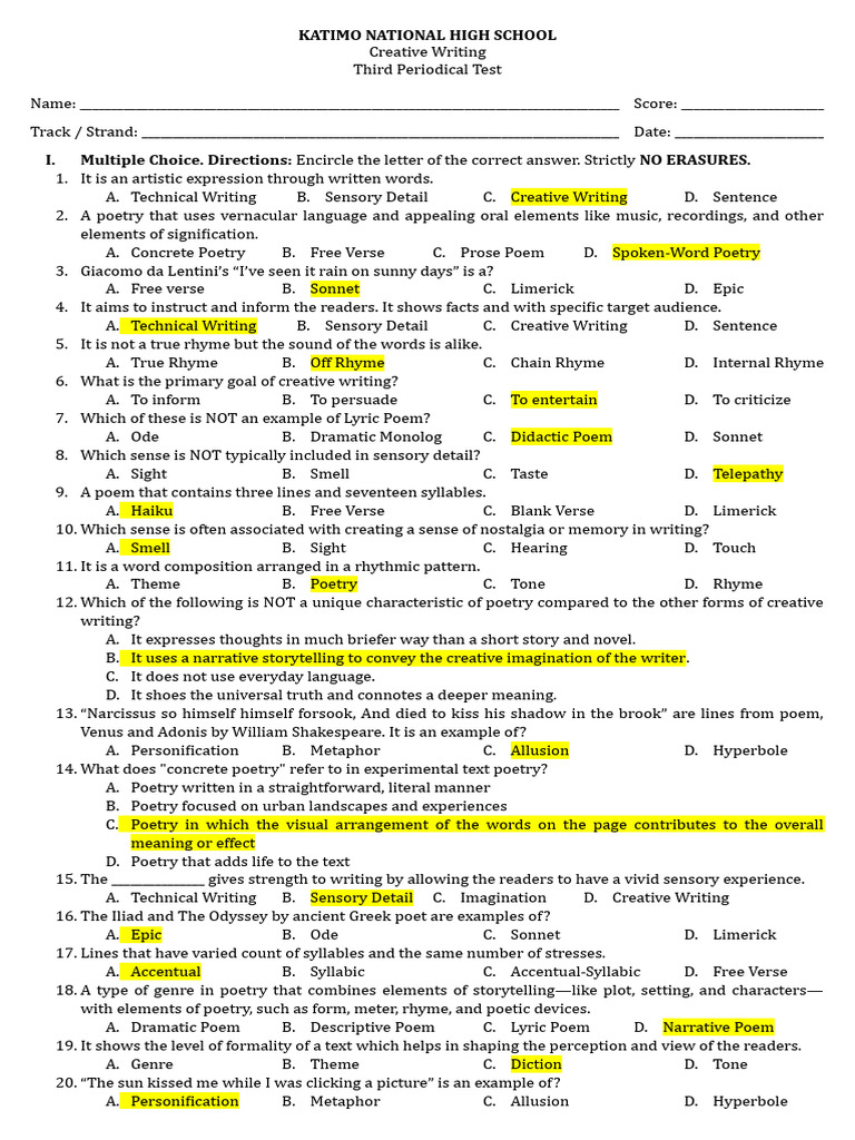 3rd Periodical Test - CREATIVE WRITING | PDF | Poetry | Poetics