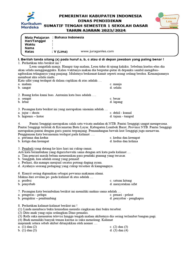 Soal PTS-STS Bahasa Indonesia Kelas 5 Semester 1 Kurikulum Merdeka T.A 2023-2024 | PDF