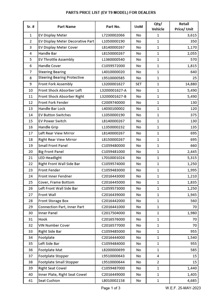 EV T9 Model Parts Price List | PDF | Brake | Axle