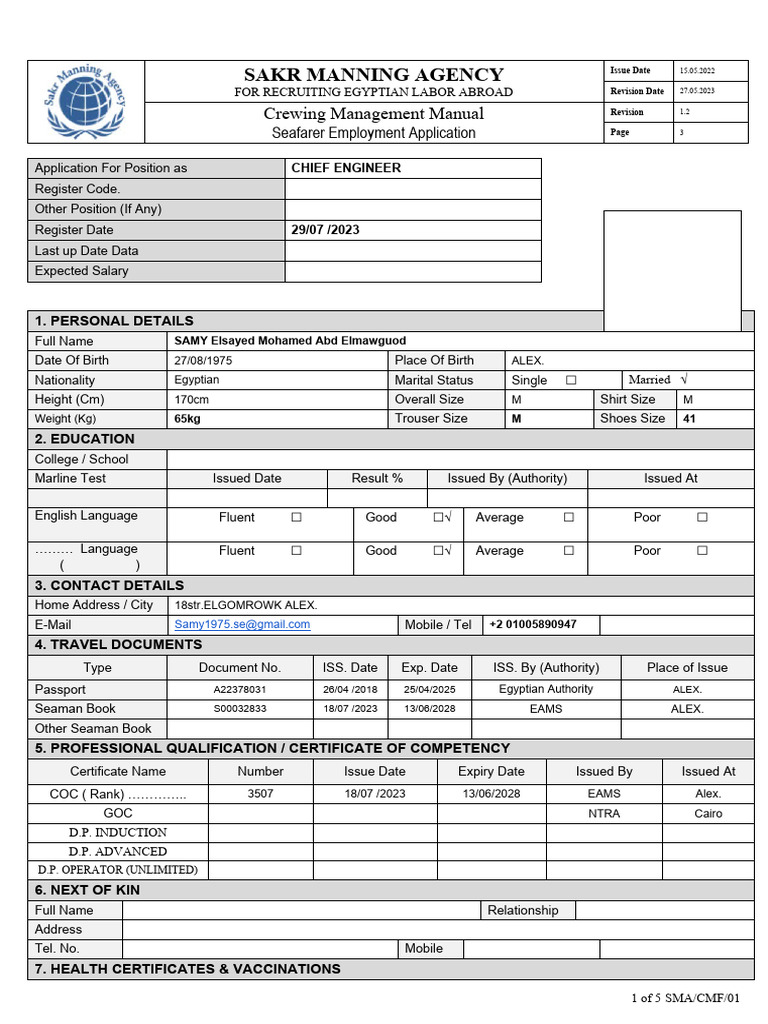 SMA-CMF-01 Seafarer Employment Application-1 | PDF
