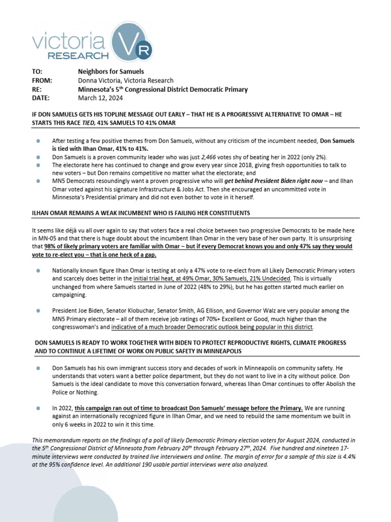 Don Samuels Polling Memo April 2024 | PDF | Democratic Party (United ...