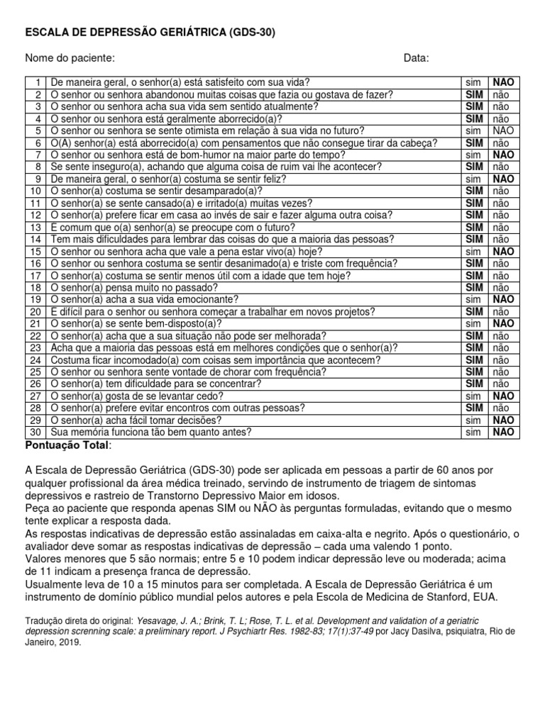 Escala de Depressão Geriátrica (GDS-30) | PDF | Depressão | Medicina Clínica