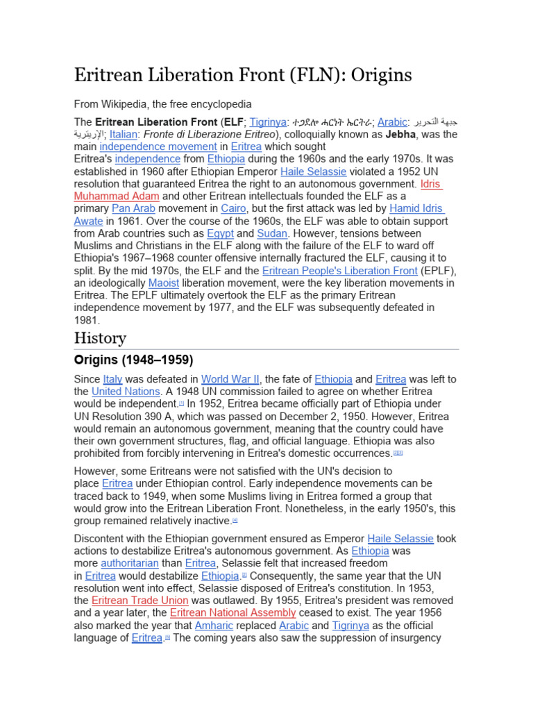 Eritrean Liberation Front. Its Origins | PDF