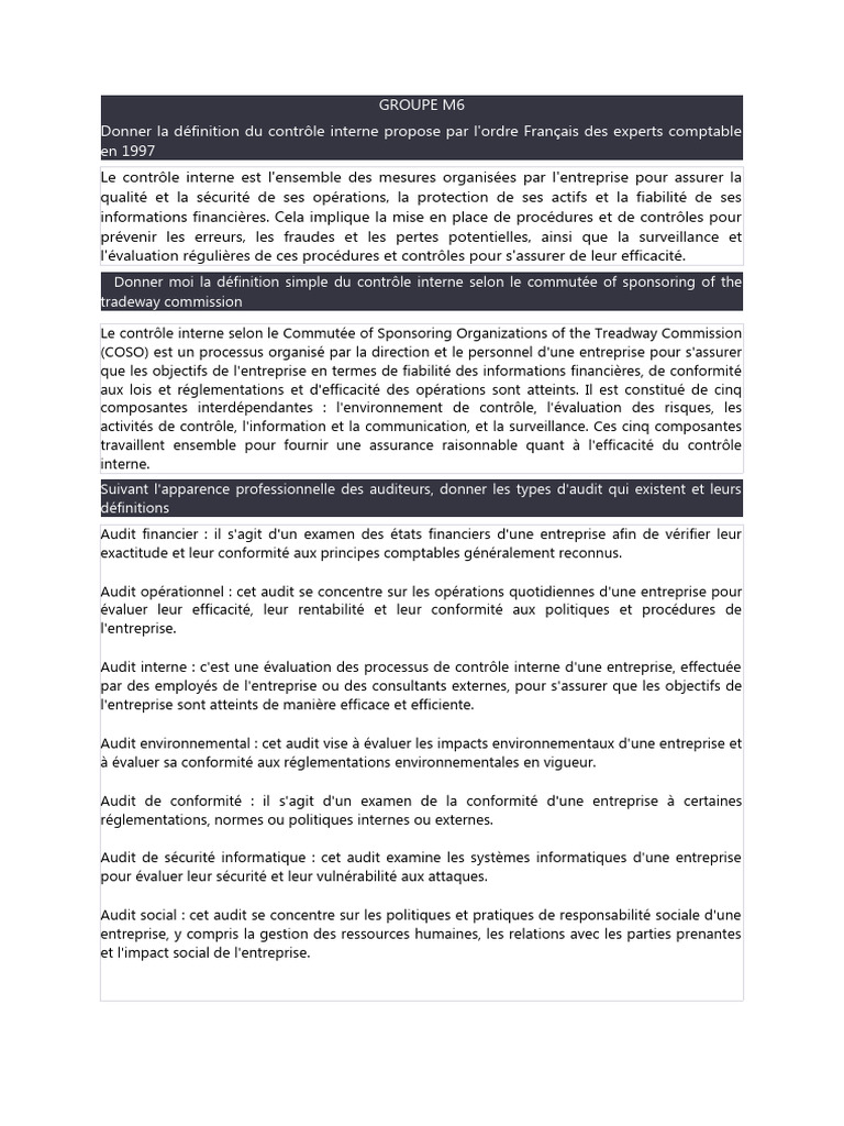 Pratique Audit Groupe m6 | PDF | Audit | Contrôle interne