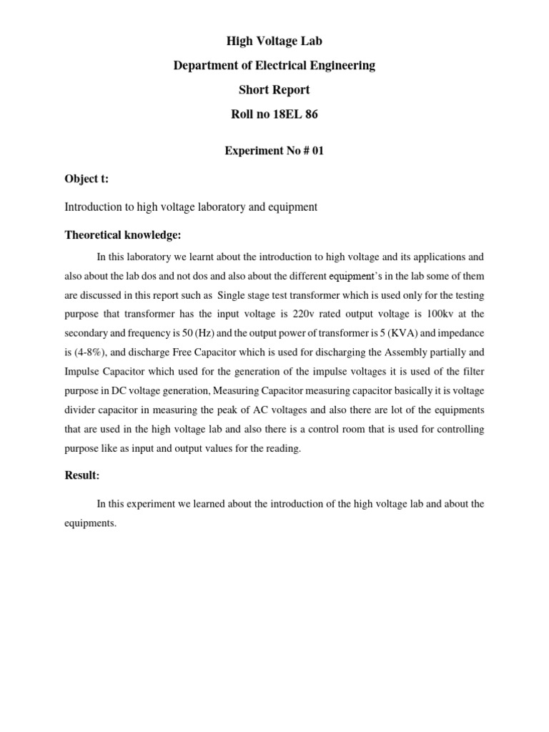 High Voltage Lab Department of Electrical Engineering Short Report Roll No 18EL 86 | Download ...