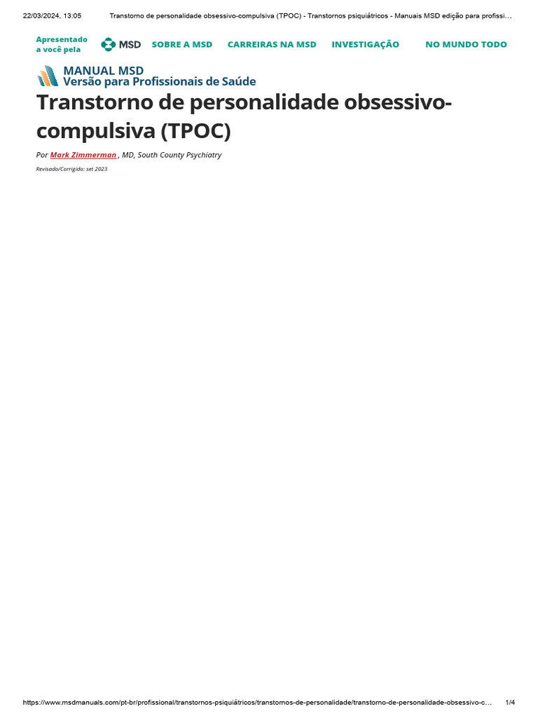 Transtorno de Personalidade Obsessivo-Compulsiva | PDF | Distúrbio mental | Saúde mental