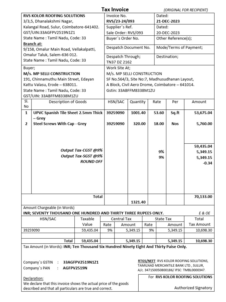 093 - MP SELLI CONSTRUCTION Sales Invoice Dated 21.12.2023 | PDF ...
