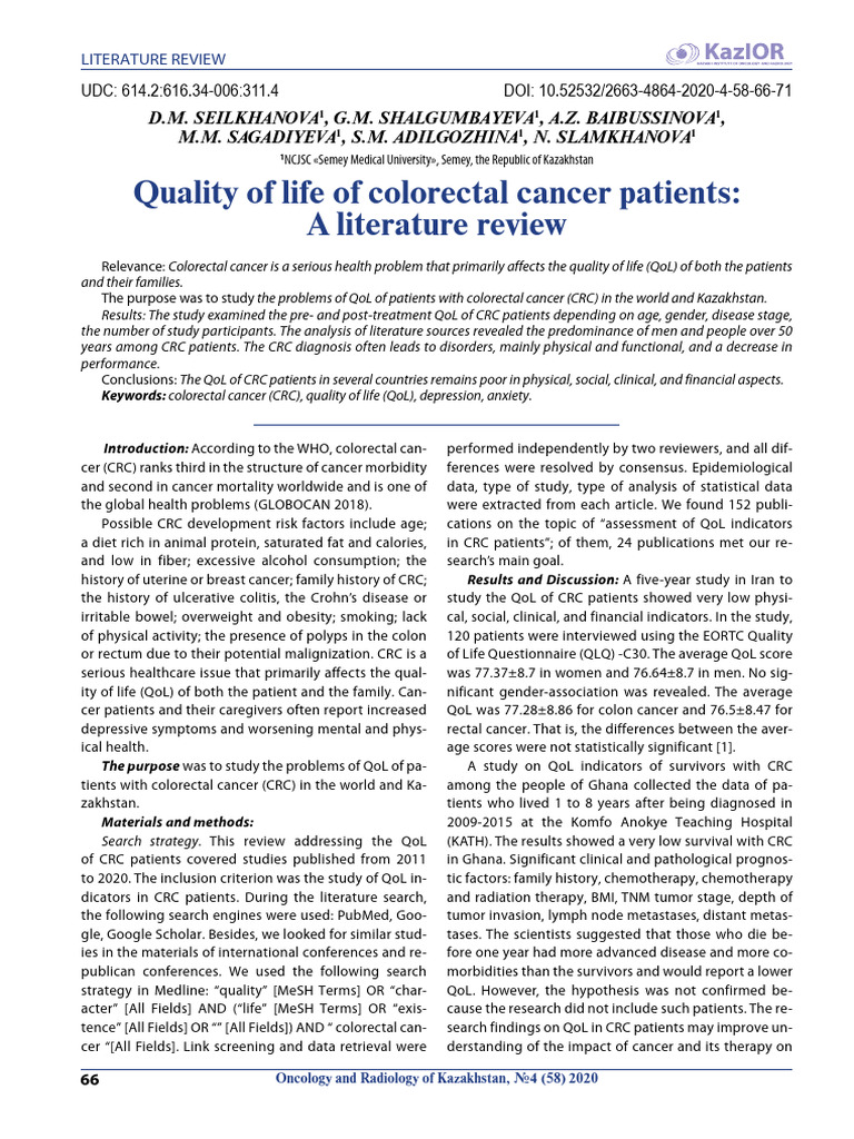 Quality of Life of Colorectal Cancer Patients A Literature Review | PDF ...