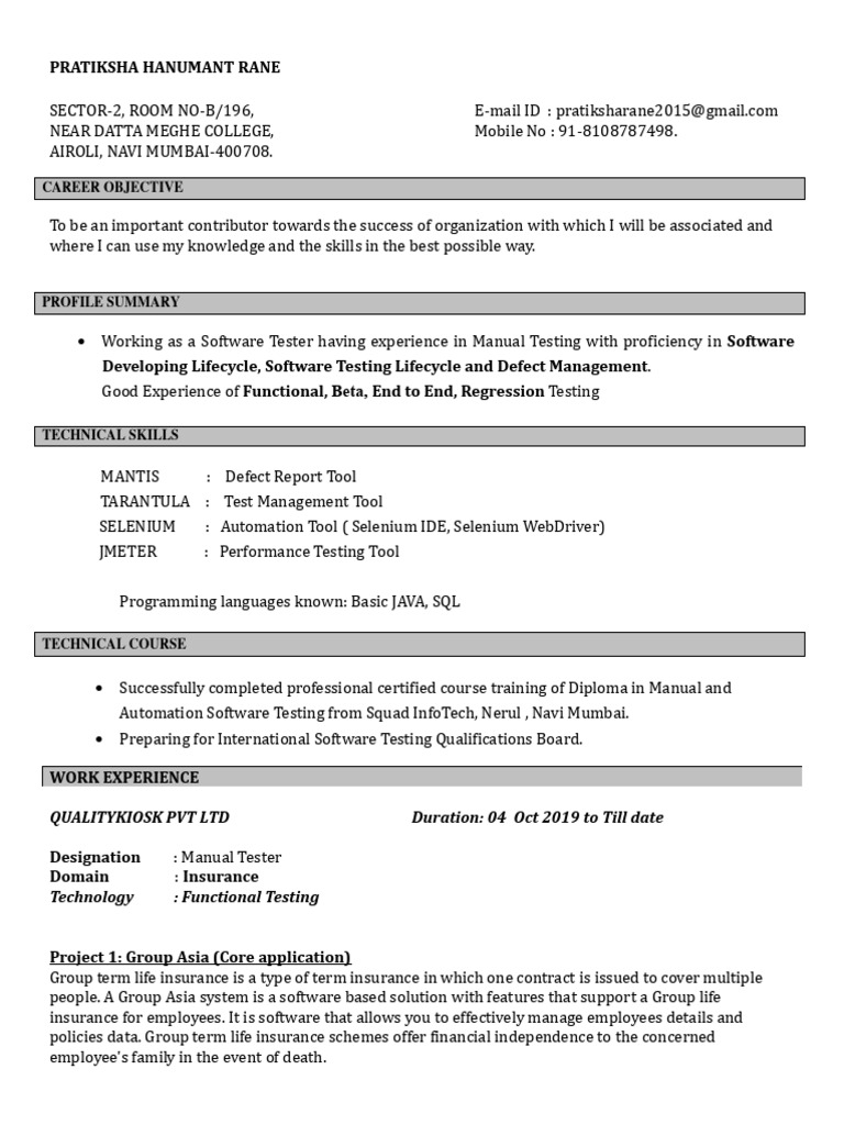 Pratiksha CV | PDF | Software Testing | Selenium (Software)