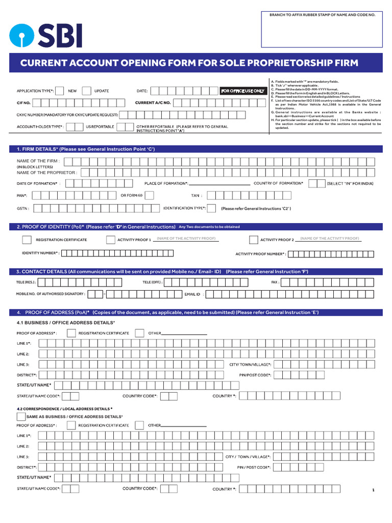 130223-SBI - Current Account Opening Form For Proprietorship | PDF | Cheque | Banks