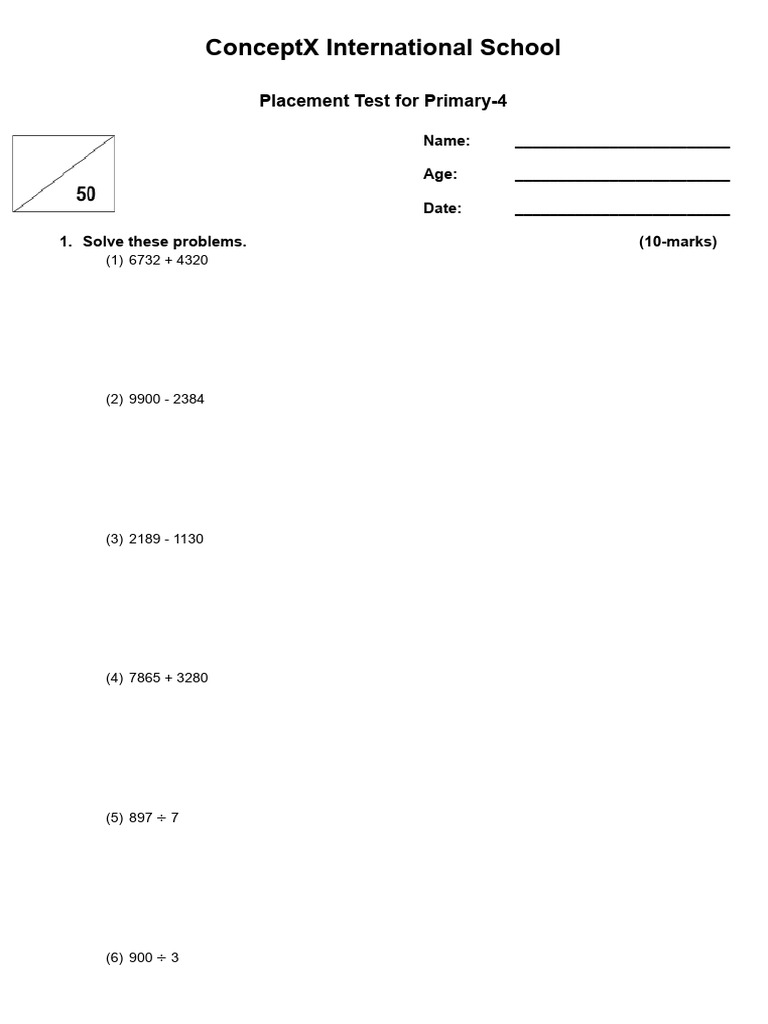 Placement Test For Primary-4 | PDF